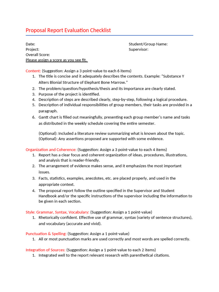 Proposal Report Evaluation Checklist | PDF | Syntax | Citation