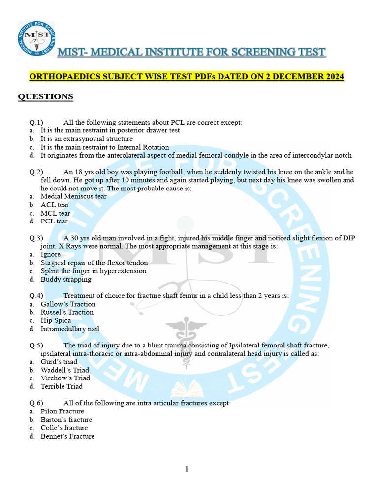 Orthopaedics Screening Test Questions | PDF | Elbow | Thumb