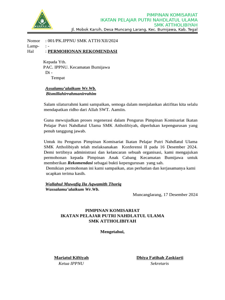 surat permohonan rekomendasi IPPNU | PDF surat permohonan rekomendasi IPPNU | PDF