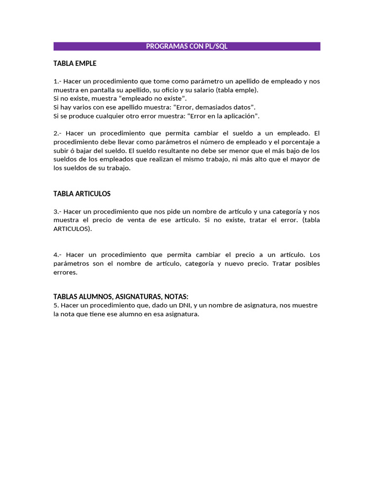 Ejercicios Basicos PLSQL Excepciones | PDF