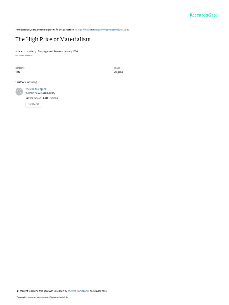 HighPriceofMaterialismReview Domagalski | PDF | Social Psychology