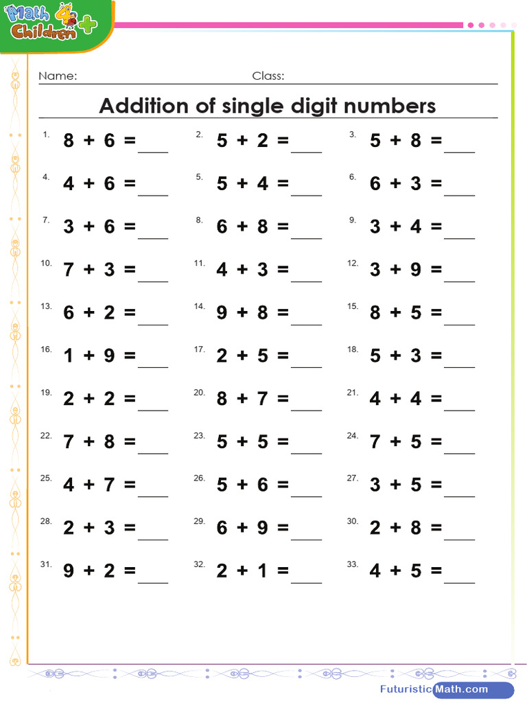 Addition of Single Digt Numbers Up to 20 Worksheet | PDF