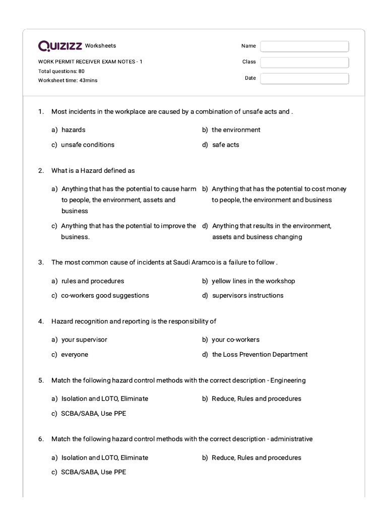 Work Permit Receiver Exam Guide | PDF | Personal Protective Equipment ...