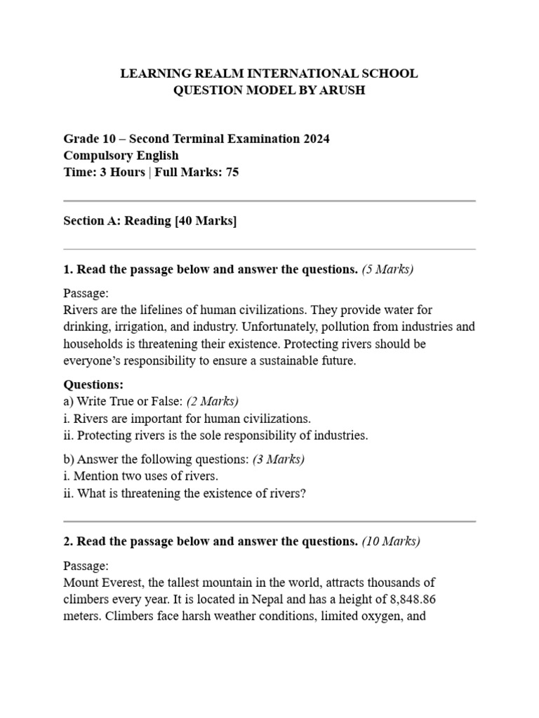 English Question Paper Model | PDF | Mount Everest | Climate Change