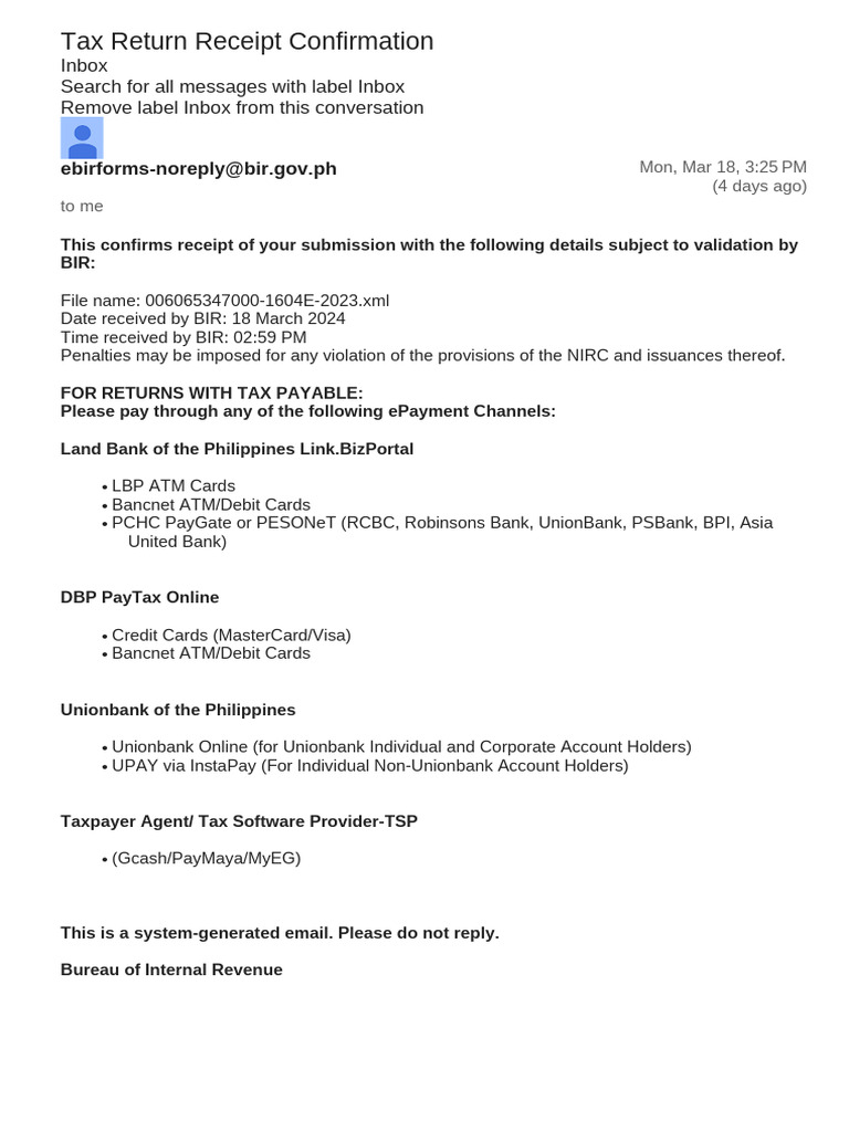 Tax Return Receipt Confirmation March 18 | PDF
