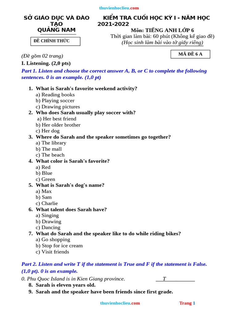 thuvienhoclieu.com-De-thi-HK1-Tieng-Anh-6-Quang-Nam-21-22 | PDF