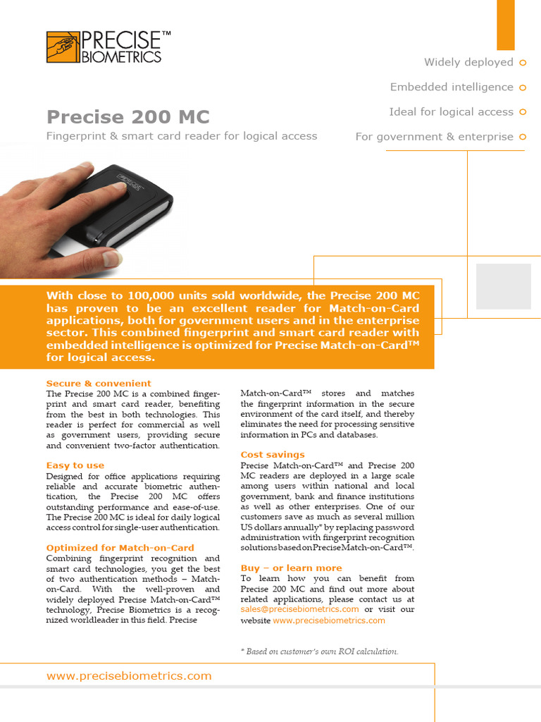 Product Sheet Precise 200 MC | PDF | Smart Card | Fingerprint