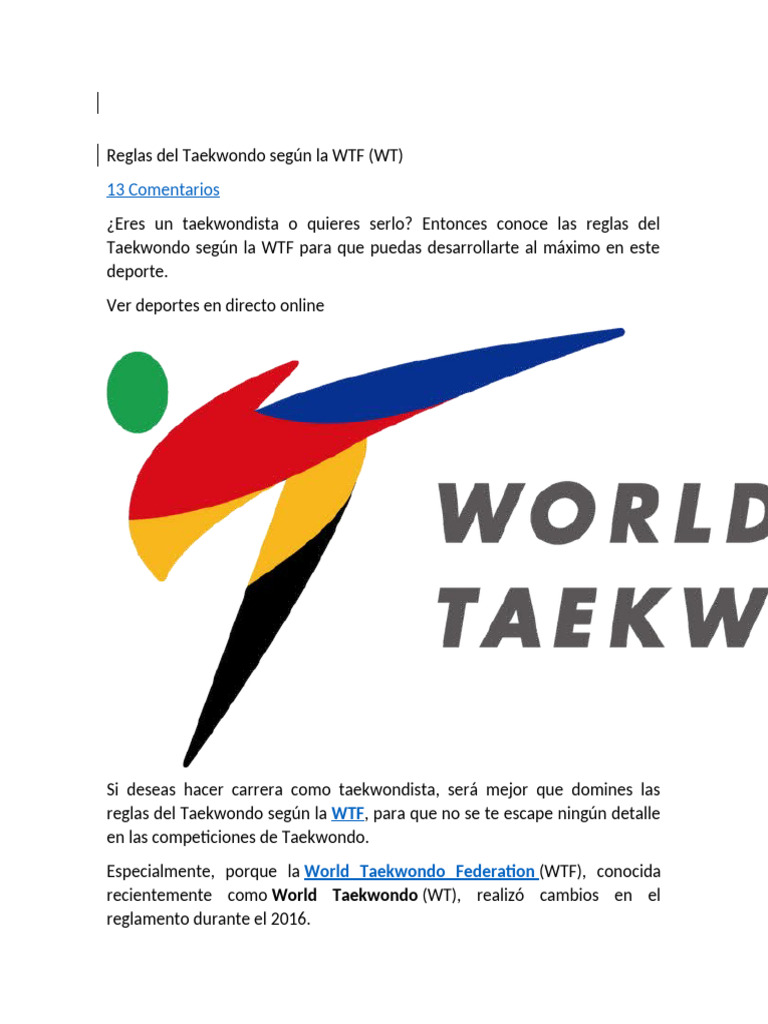 Reglas Del Taekwondo Según La WTF | PDF | Taekwondo
