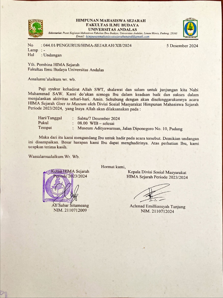 Surat Undangan Goes To Museum-Kepada Pembina Hima Sejarah | PDF