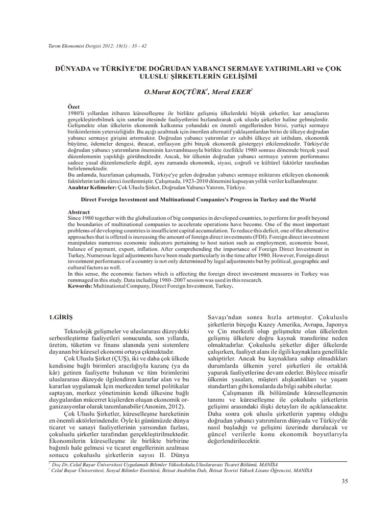 D - NYADA Ve T - RK - YE'DE DO - RUDAN YABANCI SERMAYE YATIRIMLARI Ve - OK ULUSLU - RKETLER - N ...