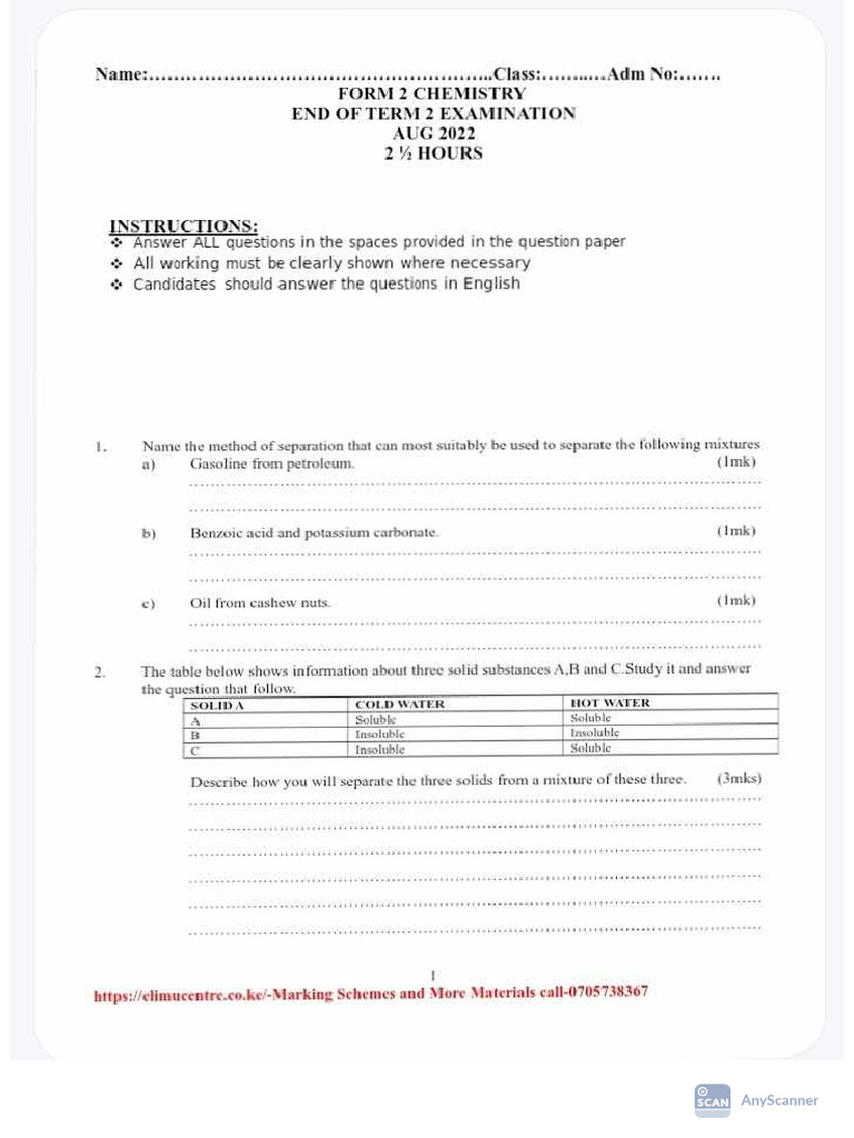 Form 2 Chemistry End of Term2 | PDF