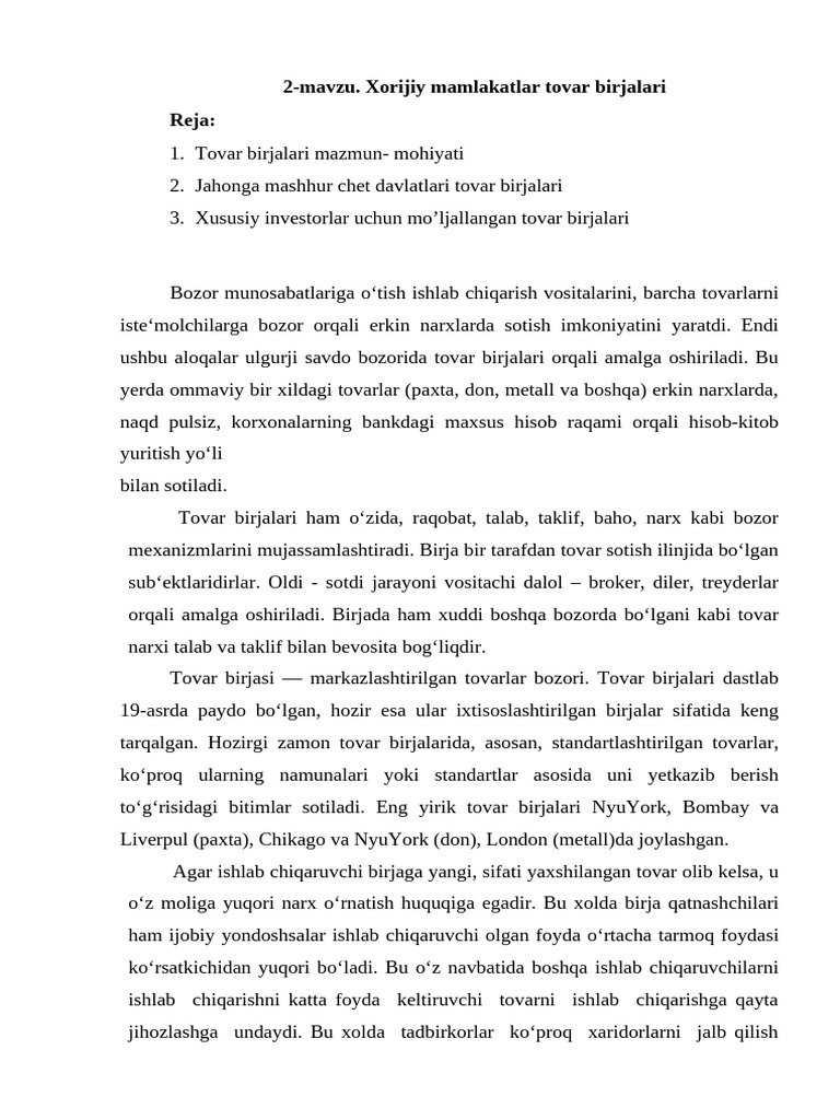 2-Mavzu. Xorijiy Mamlakatlar Tovar Birjalari | PDF