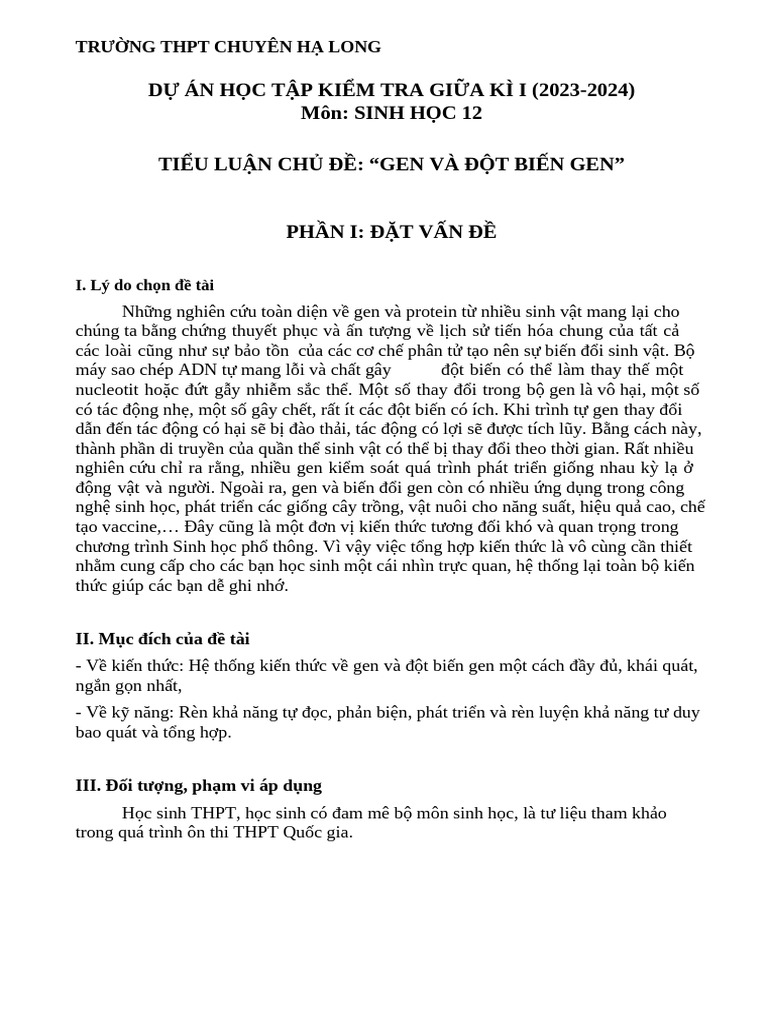 DỰ ÁN HỌC TẬP KTGK 1 SINH 12 - 2023.2024 | PDF