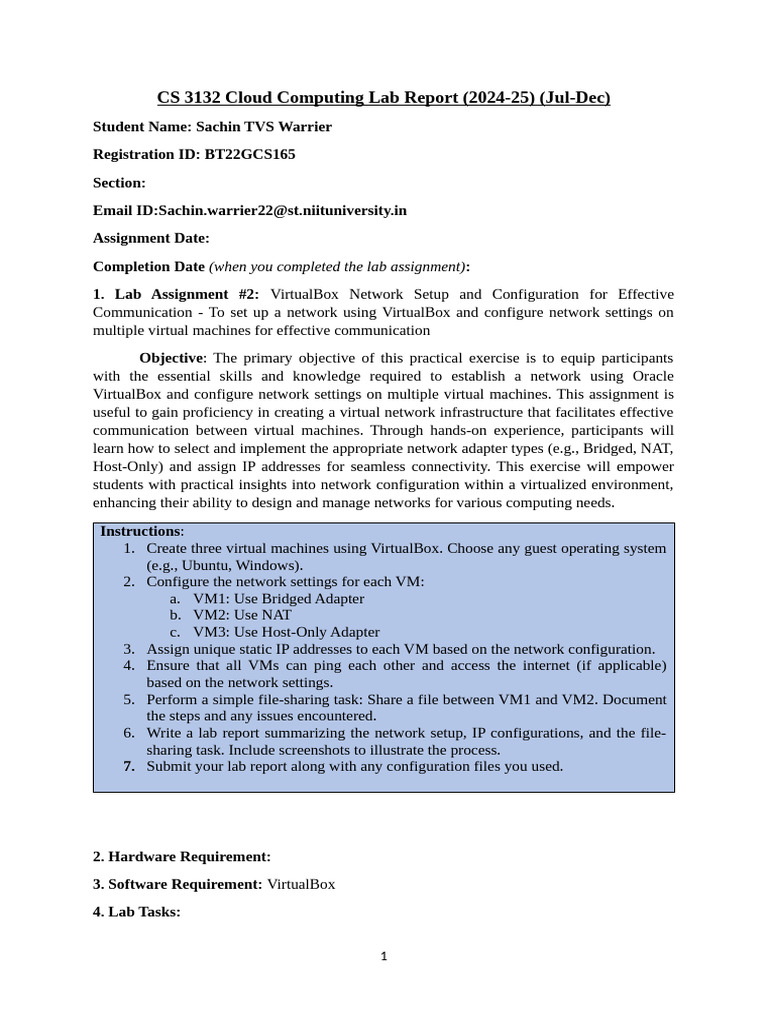 Lab Assignment 2 Virtual Box Sachin Warrier | PDF | Virtual Machine | Computer Network