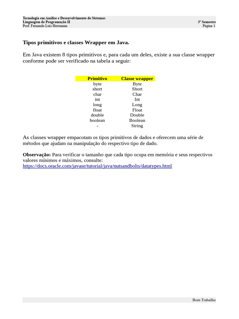 Tipos primitivos e Wrapper | PDF