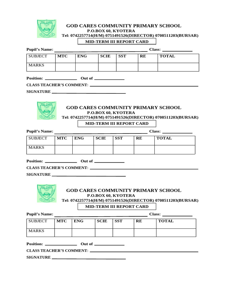 God Cares Community Primary School Reports Cards 2024 | PDF