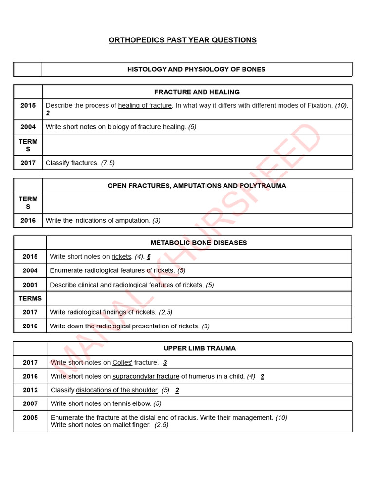 Past Year Papers (Final Year) - Dr MK | PDF | Elbow | Tuberculosis