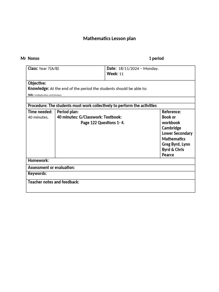Yr. 7 LP Math - Term 1 Week 11 2024 | PDF | Integer | Lesson Plan