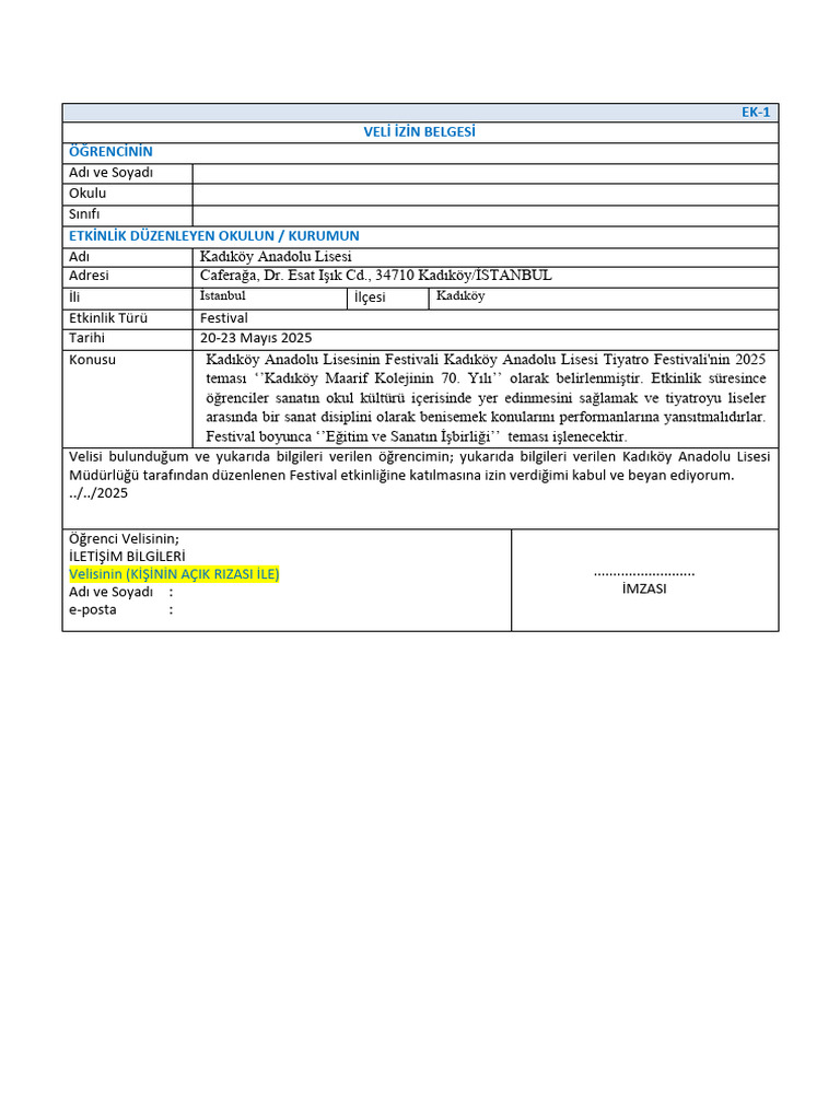 EK-1 Veli İzin Belgesi | PDF