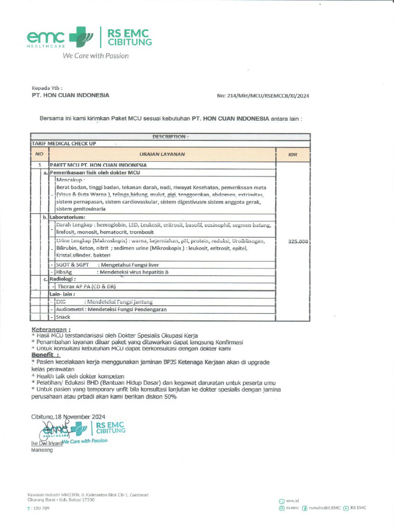 REVISI 3 PAKET MCU TAHUNAN PT. HON CUAN INDONESIA 2024 | PDF