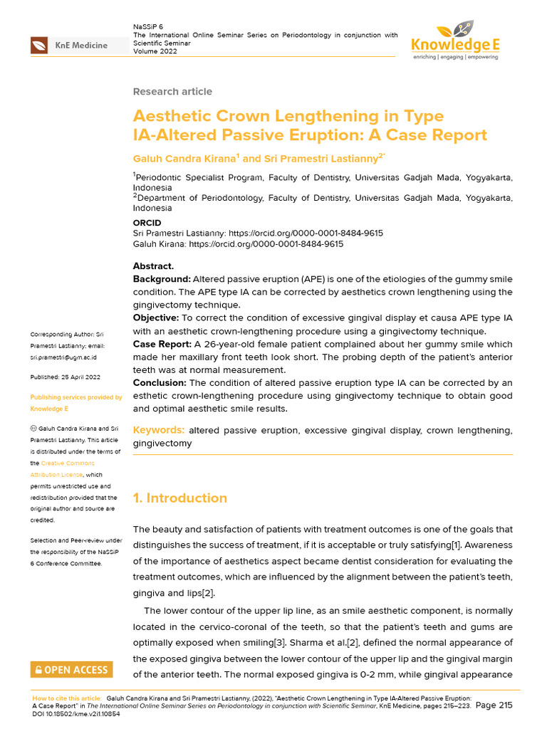 Aesthetic Crown Lengthening in Type IA-Altered Passive Eruption - A ...