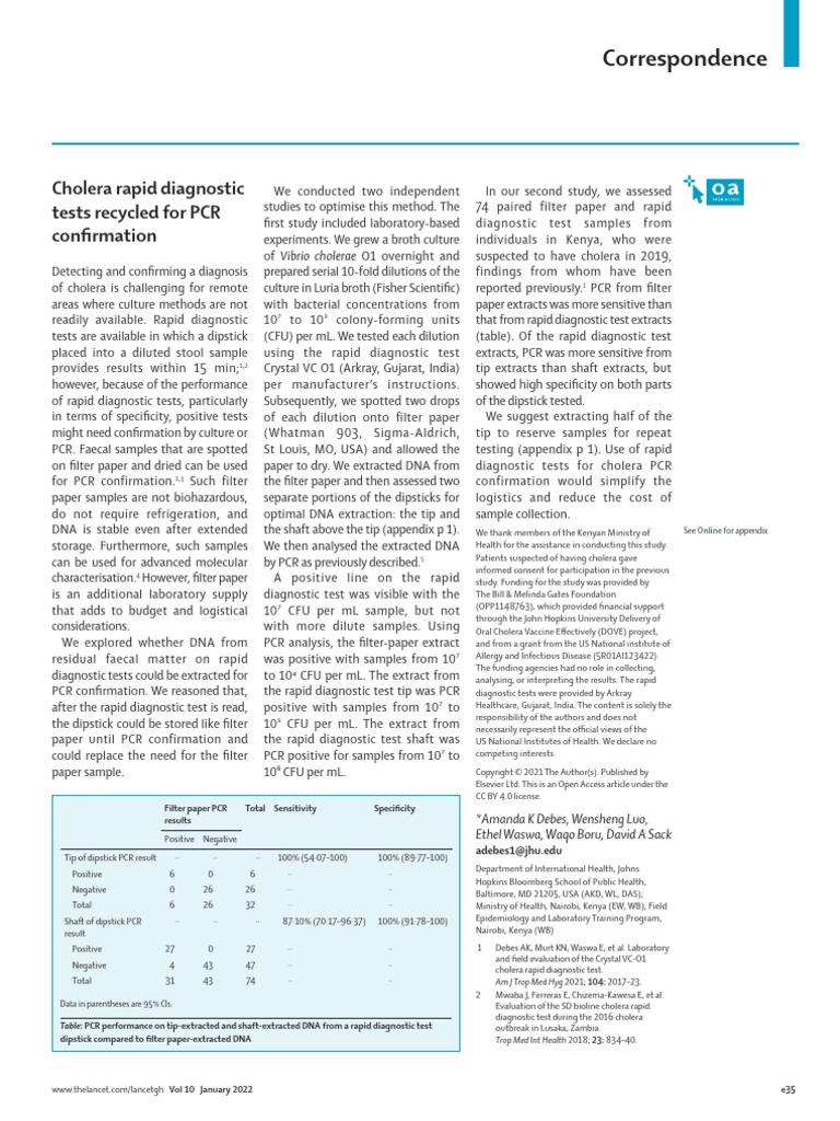 Cholera Rapid Diagnostic Tests Recycled For PCR Co | PDF | Cholera ...