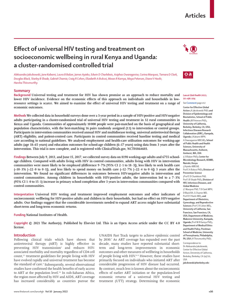 Effect of Universal HIV Testing and Treatment On S | PDF | Management ...