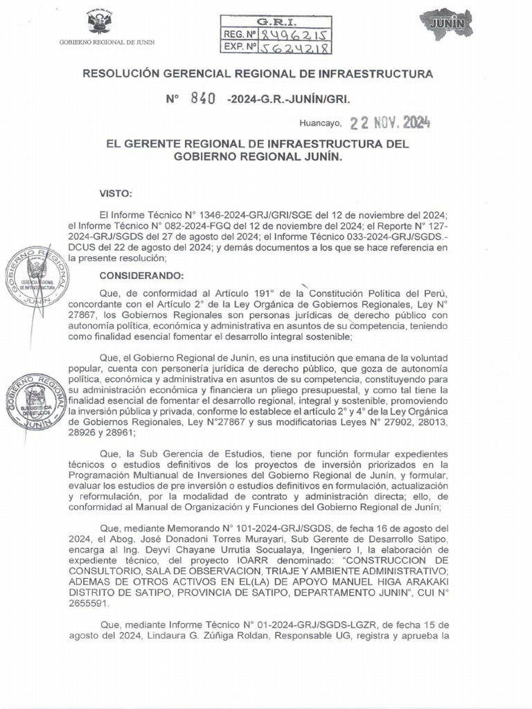 Resoluci N Gerencial Regional de Infraestructura N 840-2024-GR-JUNIN GRI | PDF
