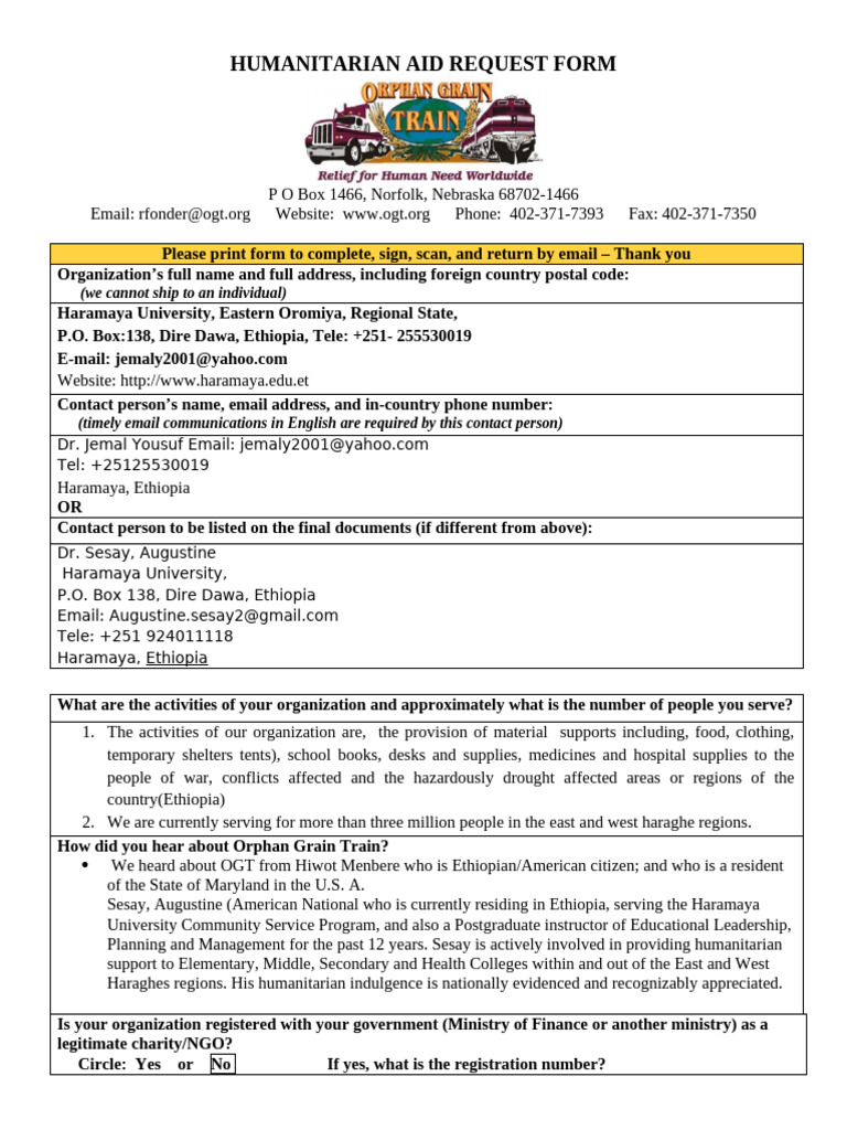 Humanitarian Aid Form for NGOs | PDF | Customs | Warehouse