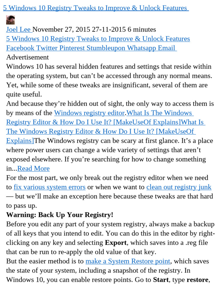 5 Windows 10 Registry Tweaks To Improve | PDF | Windows Registry | Ibm ...