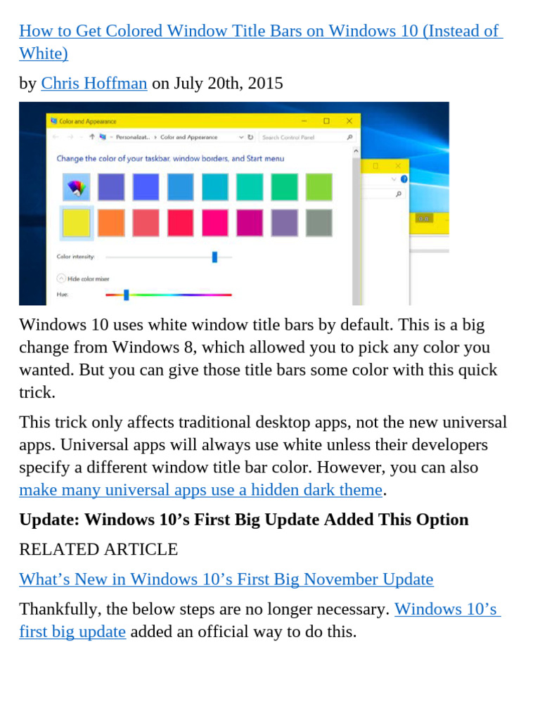 How to Get Colored Window Title Bars on Windows 10 (Instead of White) | PDF | Windows 10 ...