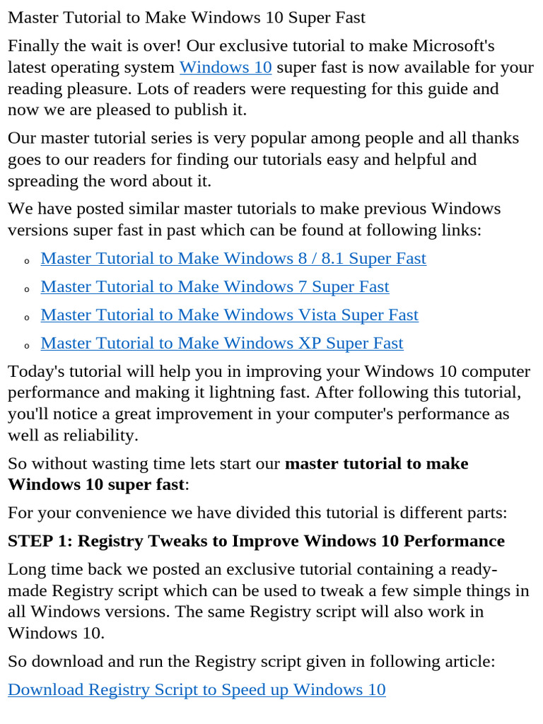 Master Tutorial To Make Windows 10 Super Fast | PDF | Windows 10 | Window (Computing)