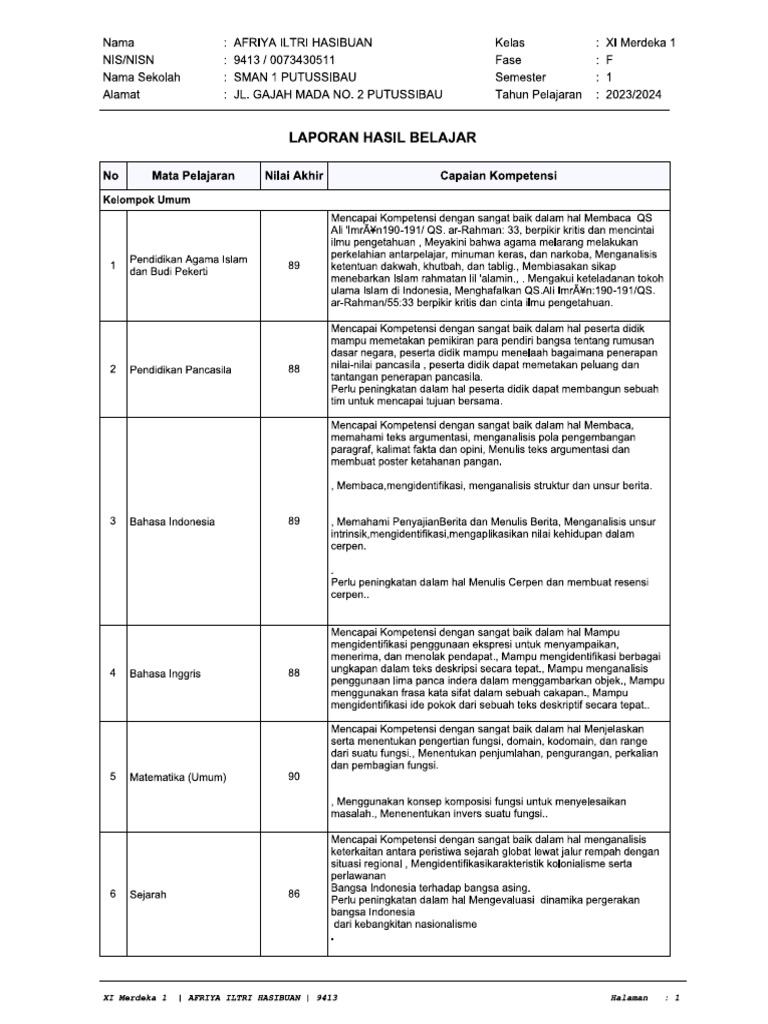 Format Erapor Kumer Kelas Xi 2024 | PDF