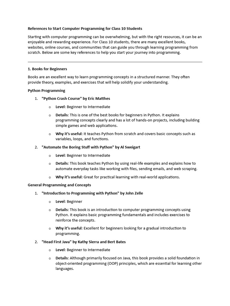 References To Start Computer Programming For Class 10 Students | PDF | Computer Programming ...