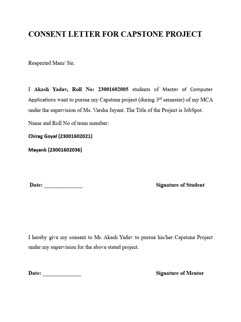 Consent Letter for Capstone Project | PDF