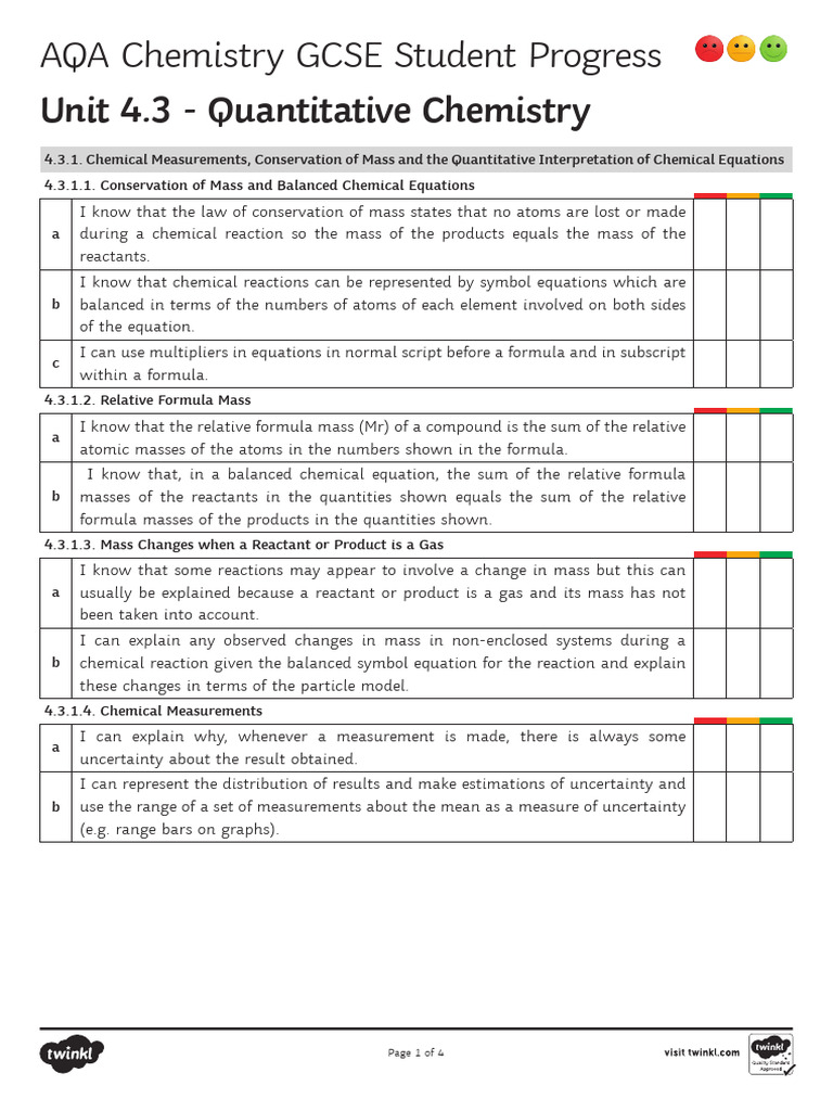 AQA Chemistry Unit 3 Quantitative Chemistry Student Progress Sheet | PDF | Mole (Unit) | Chemistry