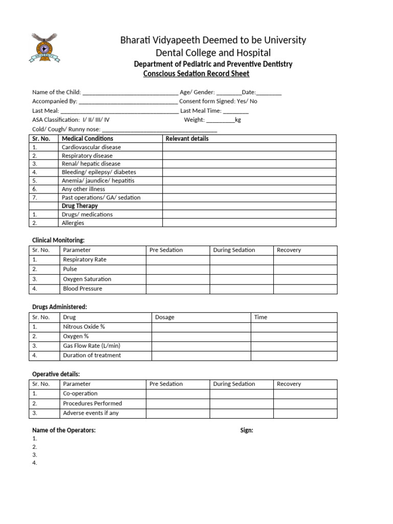 Conscious Sedation Record Sheet | PDF