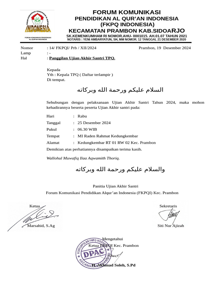 Surat Panggilan Ujian Santri Okk | PDF