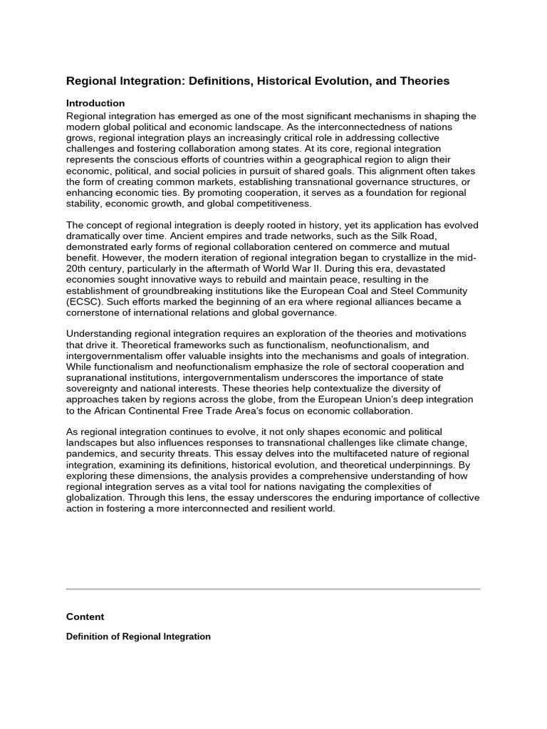 Regional Integration Definitions, Historical Evolution, and Theories ...