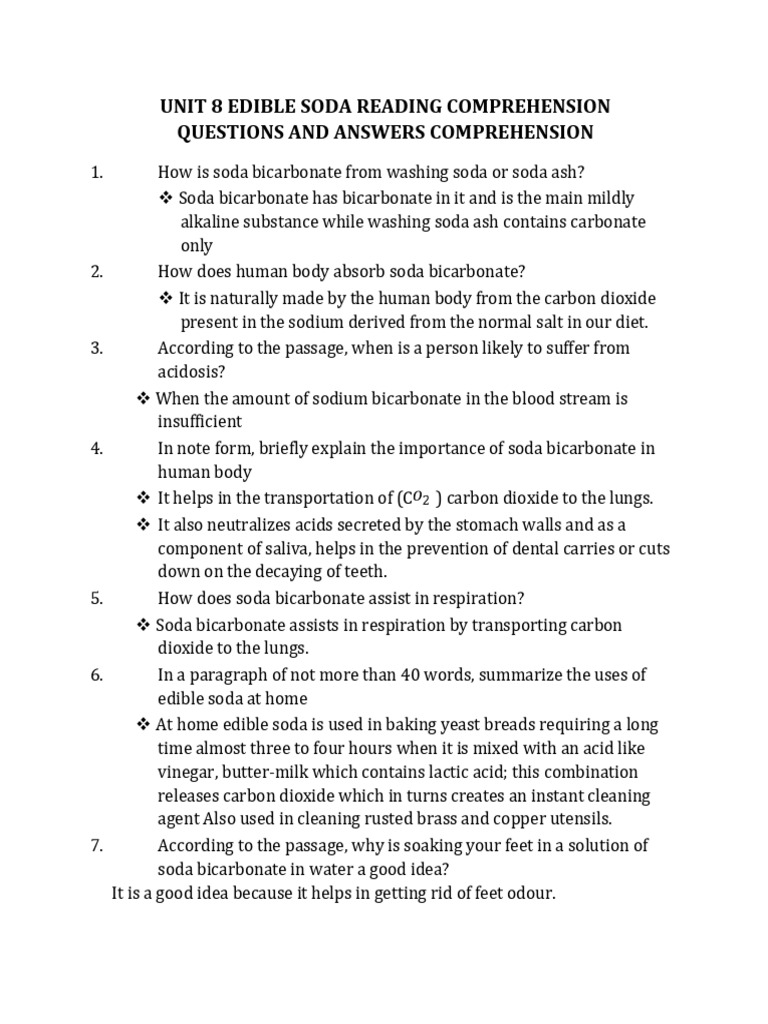 Unit 8 Edible Soda Reading Comprehension Questions and Answers ...