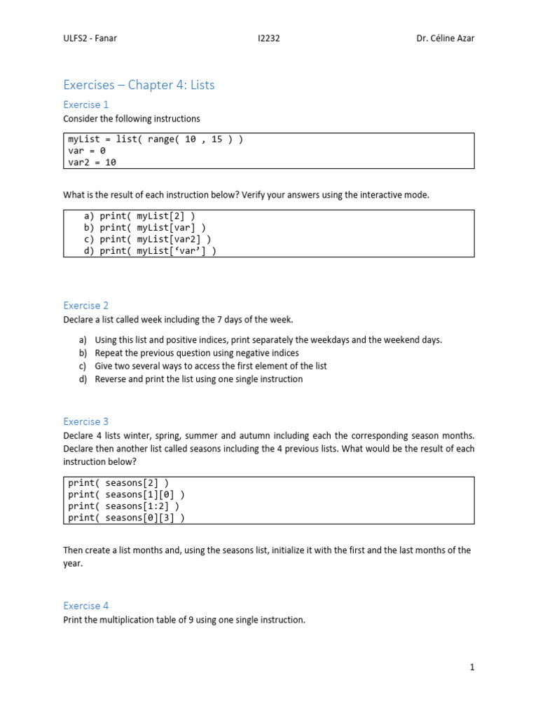 Exercises - Chapter 4: Lists: Exercise 1 | PDF