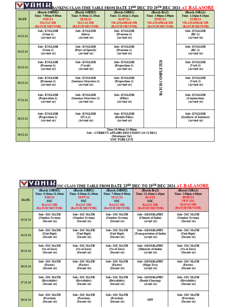 Banking and SSC Class Timetable 2024 | PDF