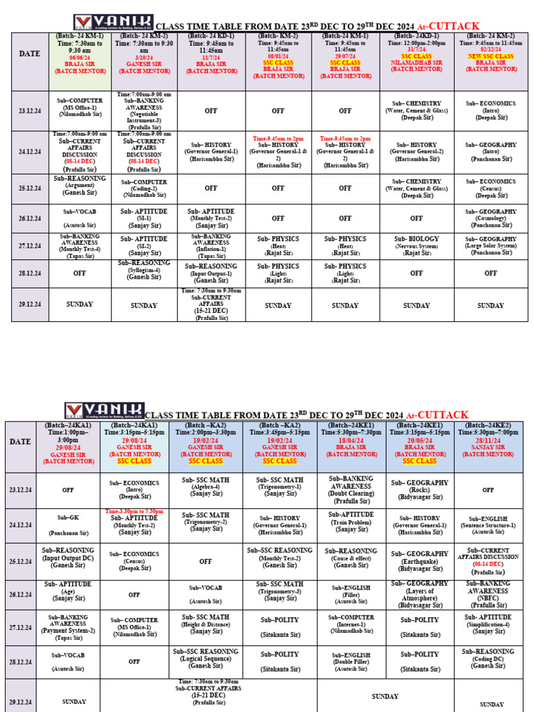 CTC TIME TABLE 23RD-29TH DEC 2024 | PDF | Physical Sciences | Natural Sciences