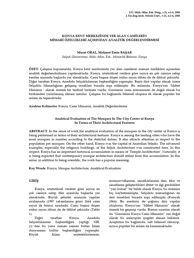 Konya Kent Merkez Nde Yer Alan Cam Ler n m Mar Zell Kler a Isindan Anal t k de Erlend Rmes ...