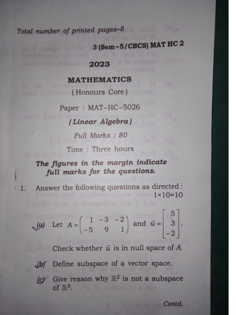 Linear Algebra Question Paper | PDF