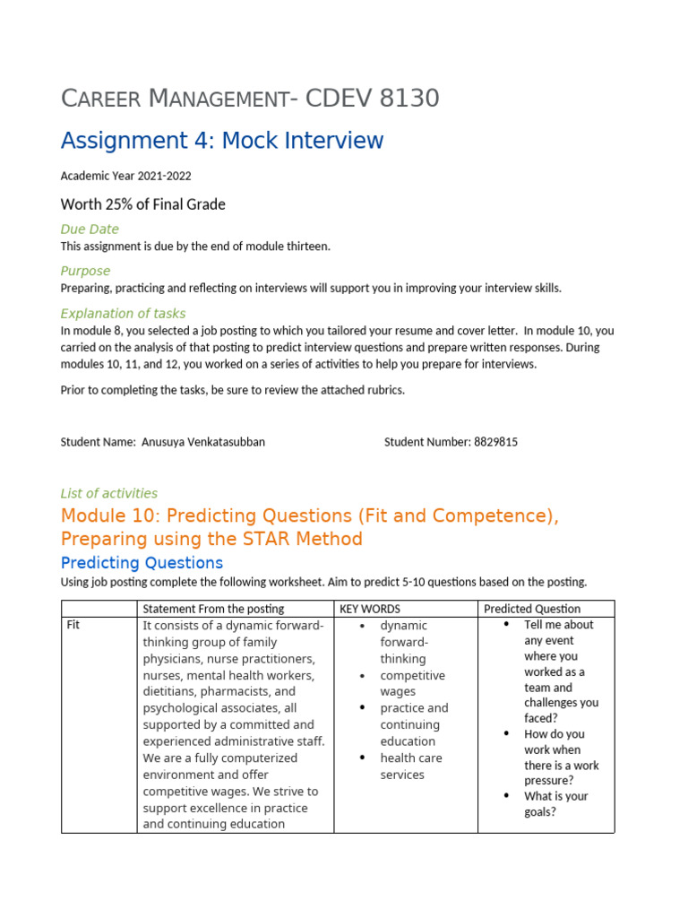 Anu - CDEV8130 Career Management Assignment 4 - Mock Interview | PDF ...