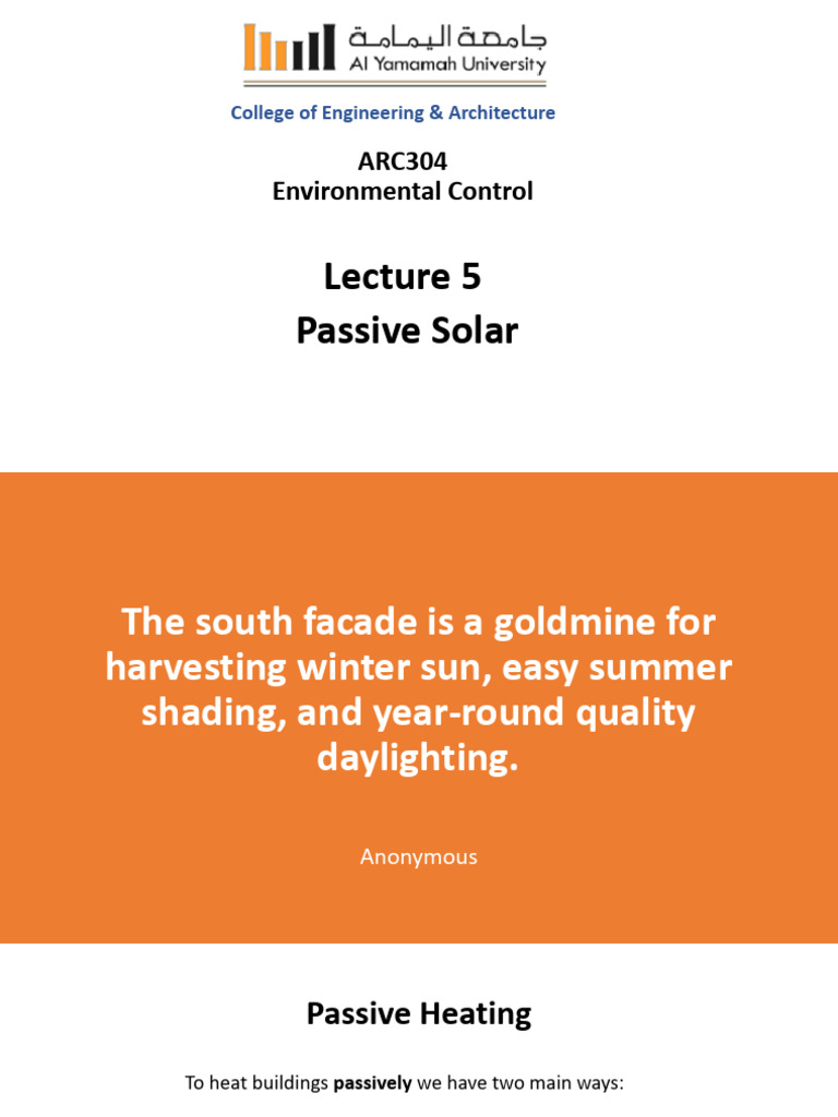 ARC304 - Lecture 5 - Passive Solar | PDF | Greenhouse Effect | Solar Energy