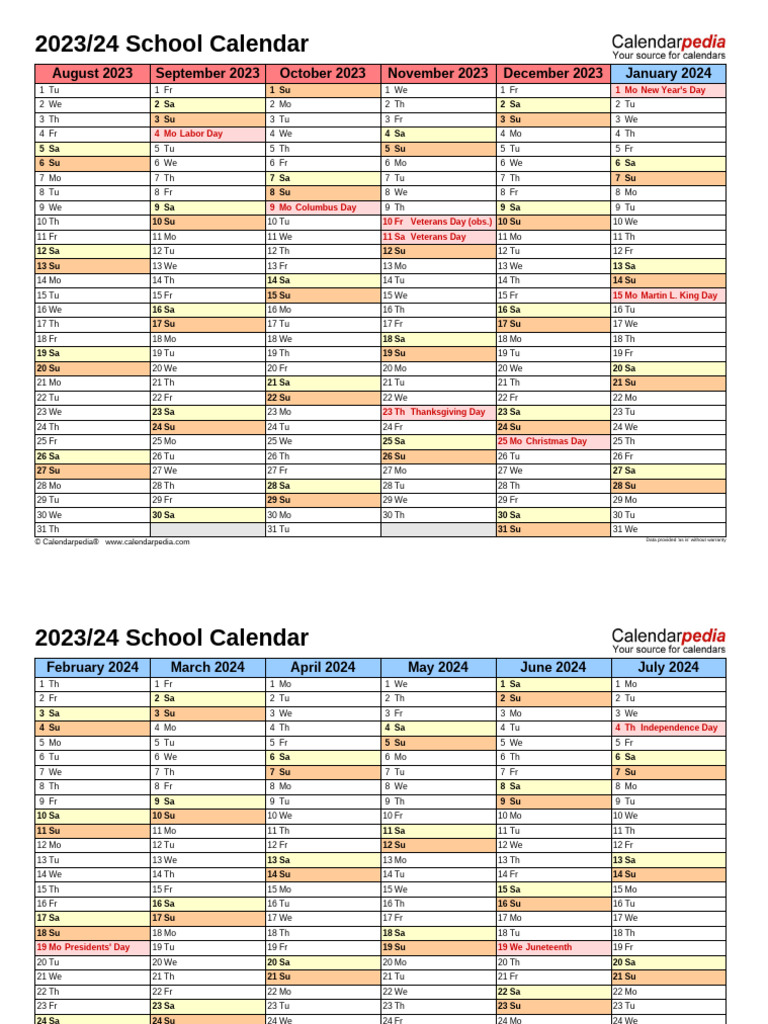 School Calendar 2023 2024 Landscape 2 Pages | PDF