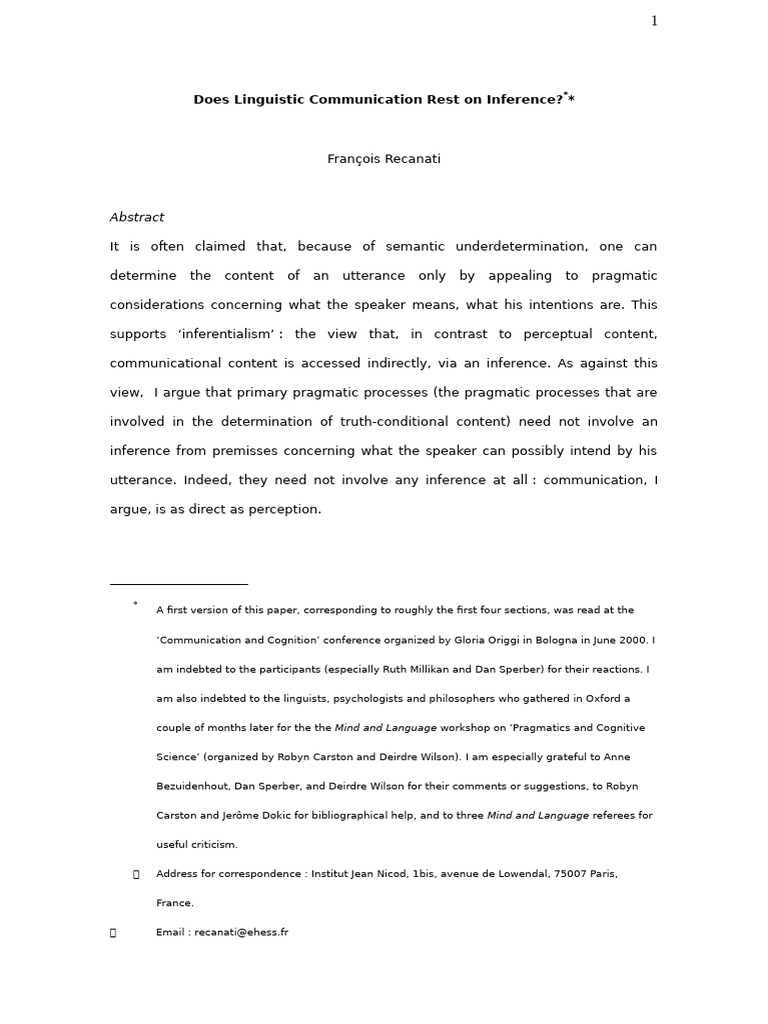 Does Linguistic Communication Rest On Inference | PDF | Intention | Reason