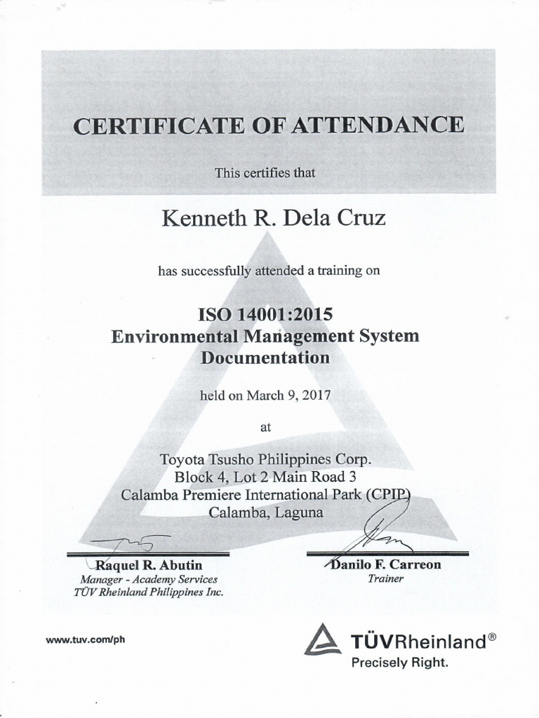 2017 Mar TUV ISO 14001.2015 Documentation | PDF
